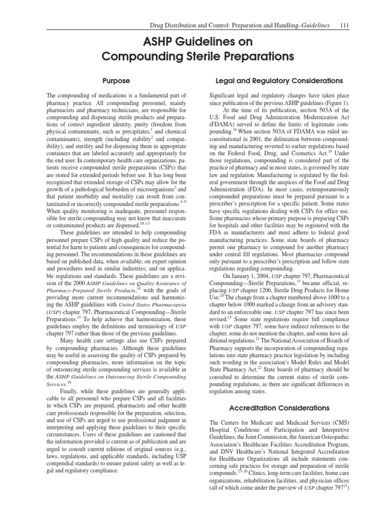 ASHP Guidelines On Compounding Sterile Preparations: Purpose Legal and Regulatory Considerations ...