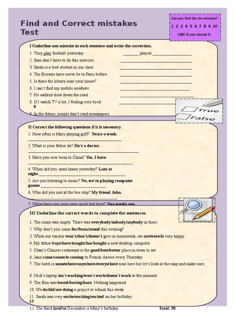 Find and Correct Mistakes Test Grammar Drills Tests | PDF | Language ...