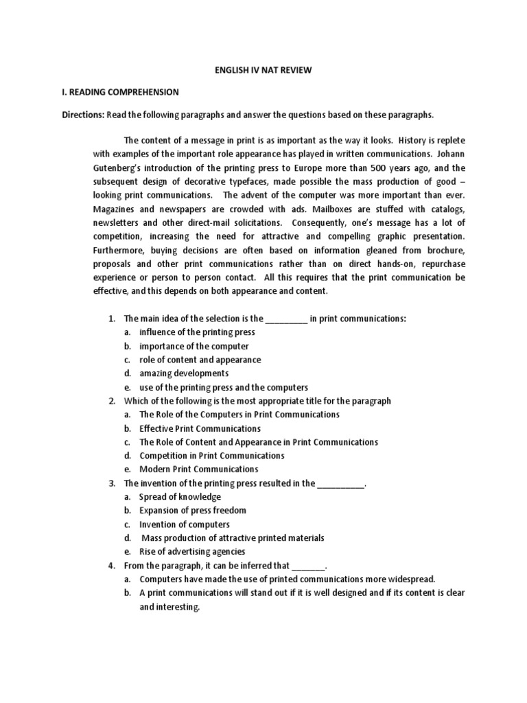 English Iv Nat Review I. Reading Comprehension Directions: Read The ...