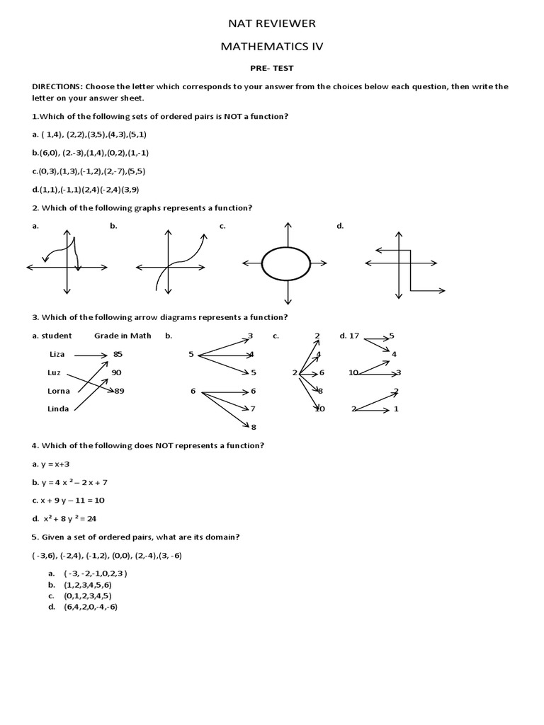 Nat Reviewer Mathematics Iv: Pre-Test | PDF | Function (Mathematics ...