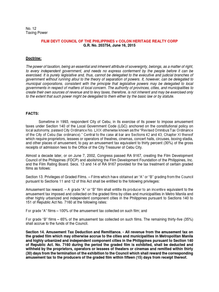 Film Devt Council of The Philippines V Colon Heritage Realty Corp | PDF ...