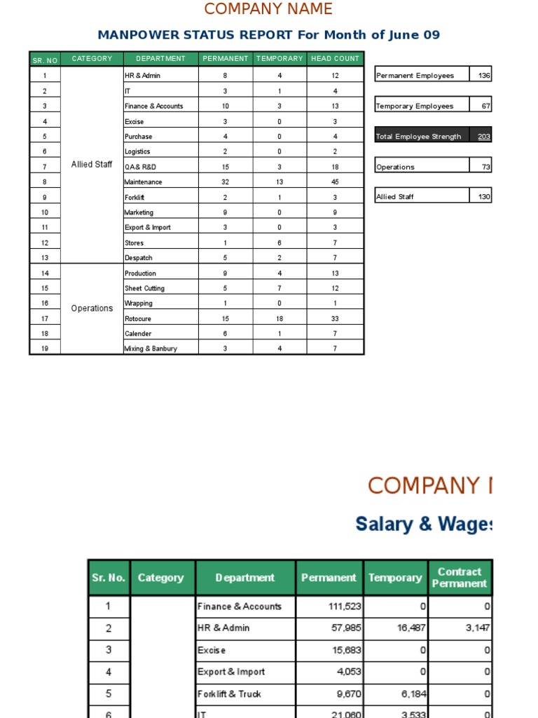 Manpower Status Report For Month of June 09: Sr. No Category Department ...