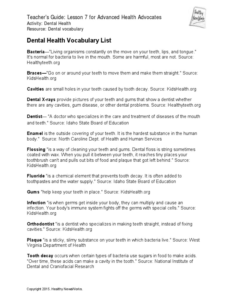Dental Health Vocabulary List: Teacher's Guide: Lesson 7 For Advanced ...