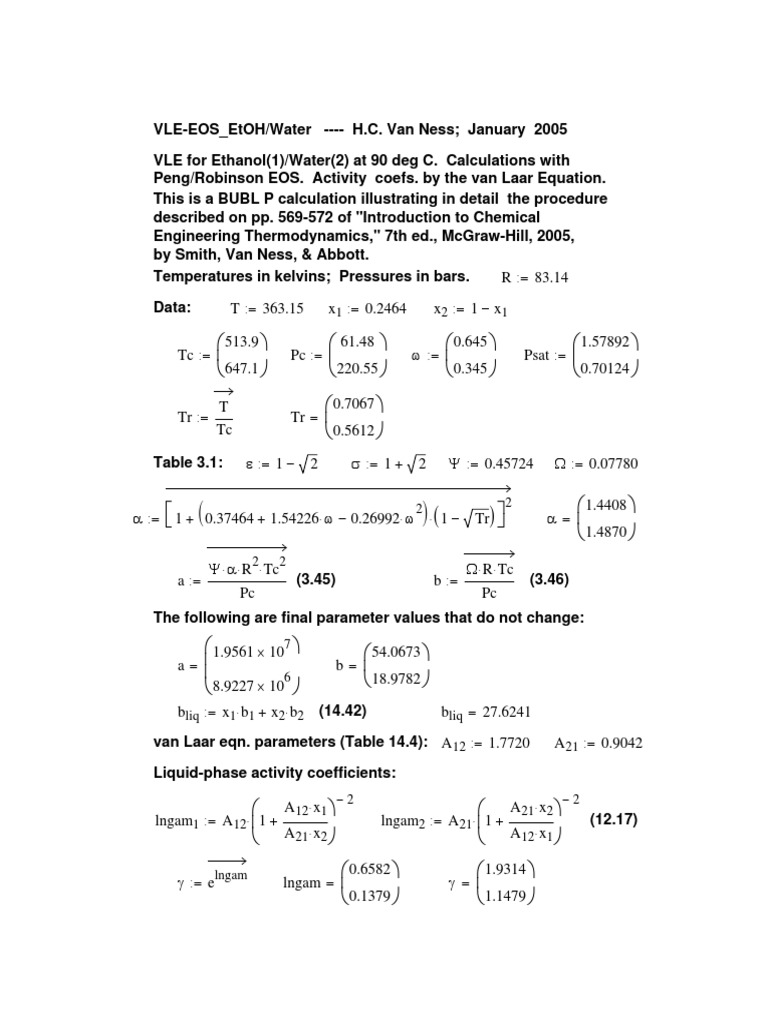 VLE-EOS_EtOH/Water calculations with Peng/Robinson EOS | PDF | Mathematical Analysis | Physical ...