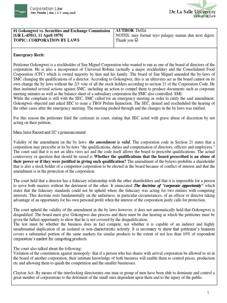 CORP Week 2 Consolidated Cases | PDF | Board Of Directors | Corporations