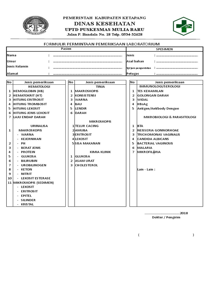Dinas Kesehatan: Formulir Permintaan Pemeriksaan Laboratorium | PDF ...