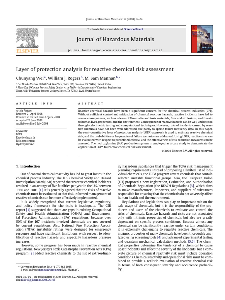 Layer of Protection Analysis For Reactive Chemical Risk Assessment PDF ...