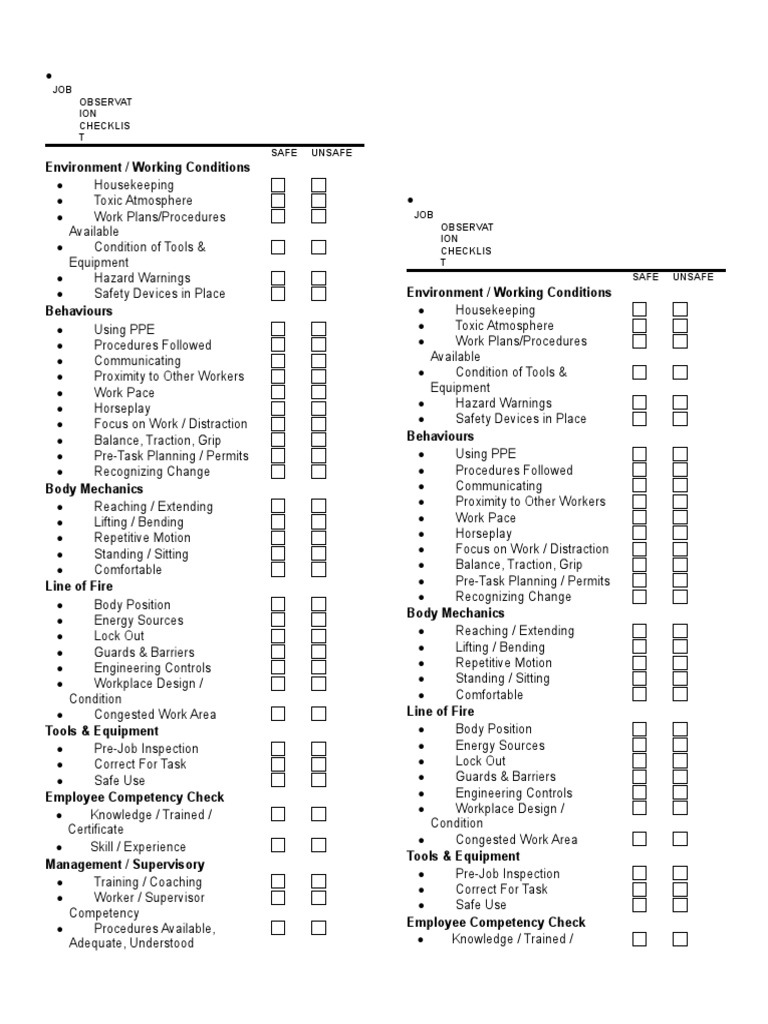 32job Observation Checklist | PDF | Personal Protective Equipment ...
