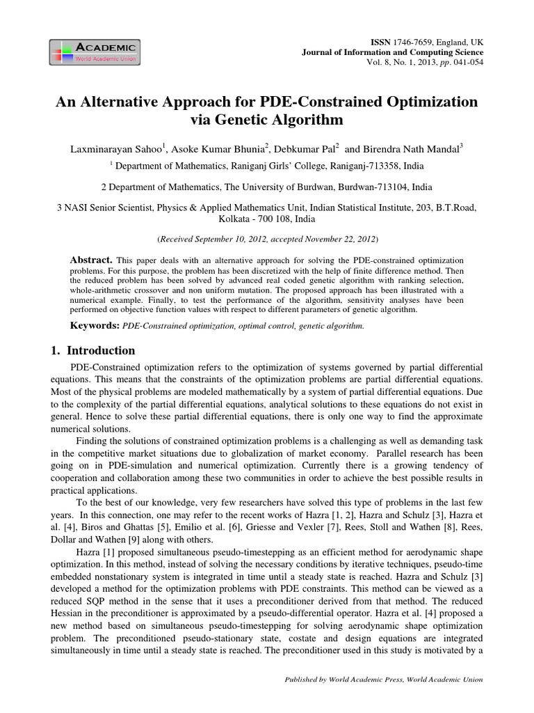 Genetic Algorithm Solves PDE-Constrained Optimization | PDF | Mathematical Optimization ...