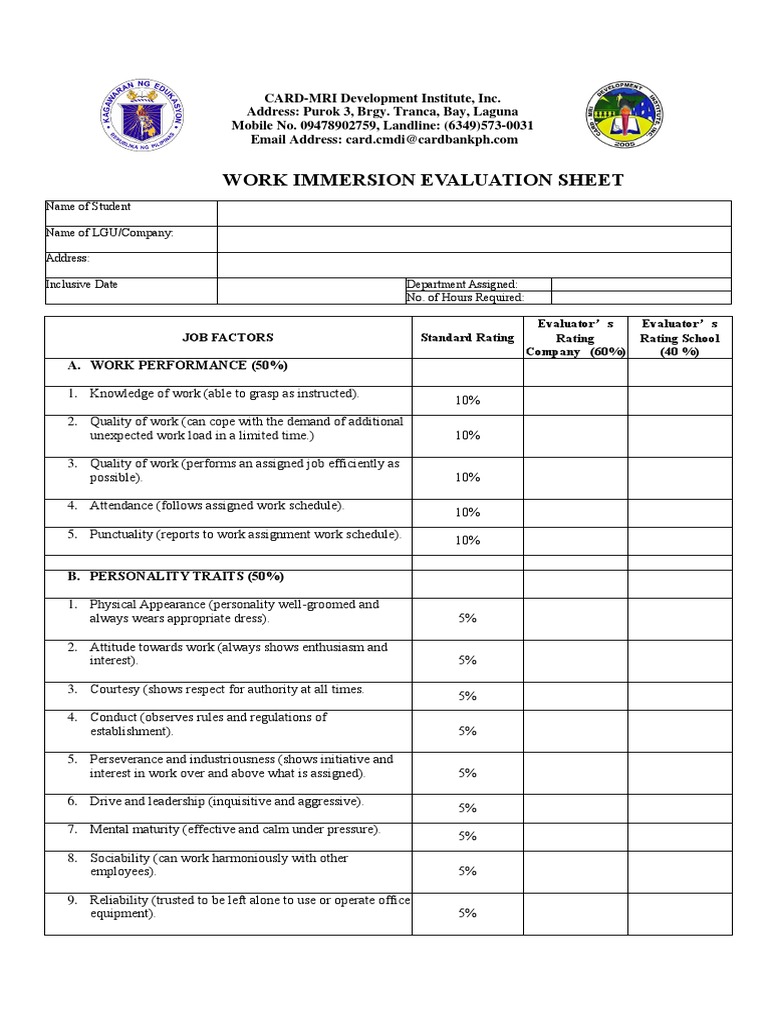Work Immersion Evaluation Sheet | PDF | Employment | Labor