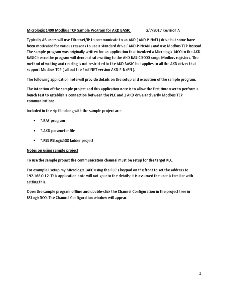 Micrologix 1400 Modbus TCP Sample Program - App - Note Rev A | PDF | Programmable Logic ...