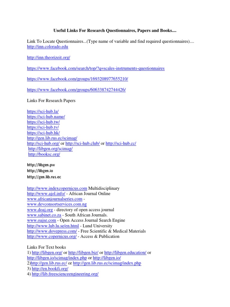 Useful Links For Research Questionnaires, Papers and Books... | PDF ...