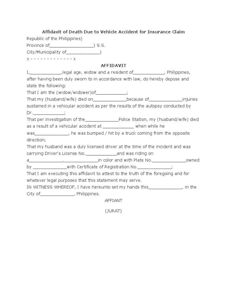 Affidavit of Death Due To Vehicle Accident For Insurance Claim | PDF ...
