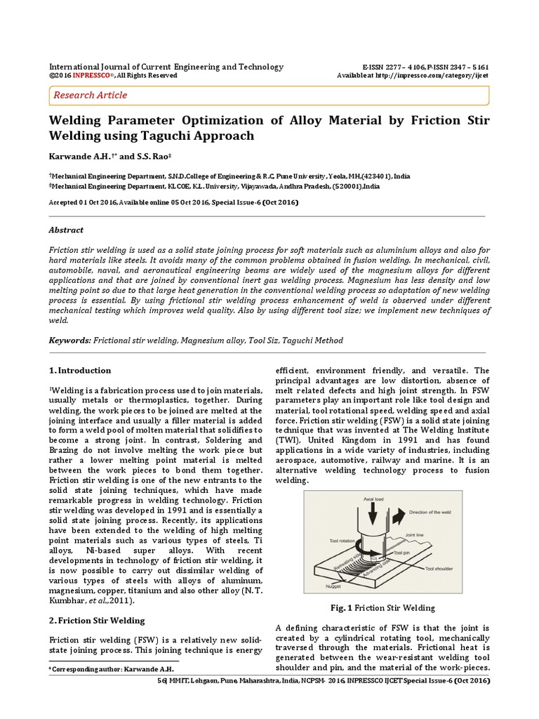 Welding Parameter Optimization of Alloy Material by Friction Stir Welding Using Taguchi Approach ...