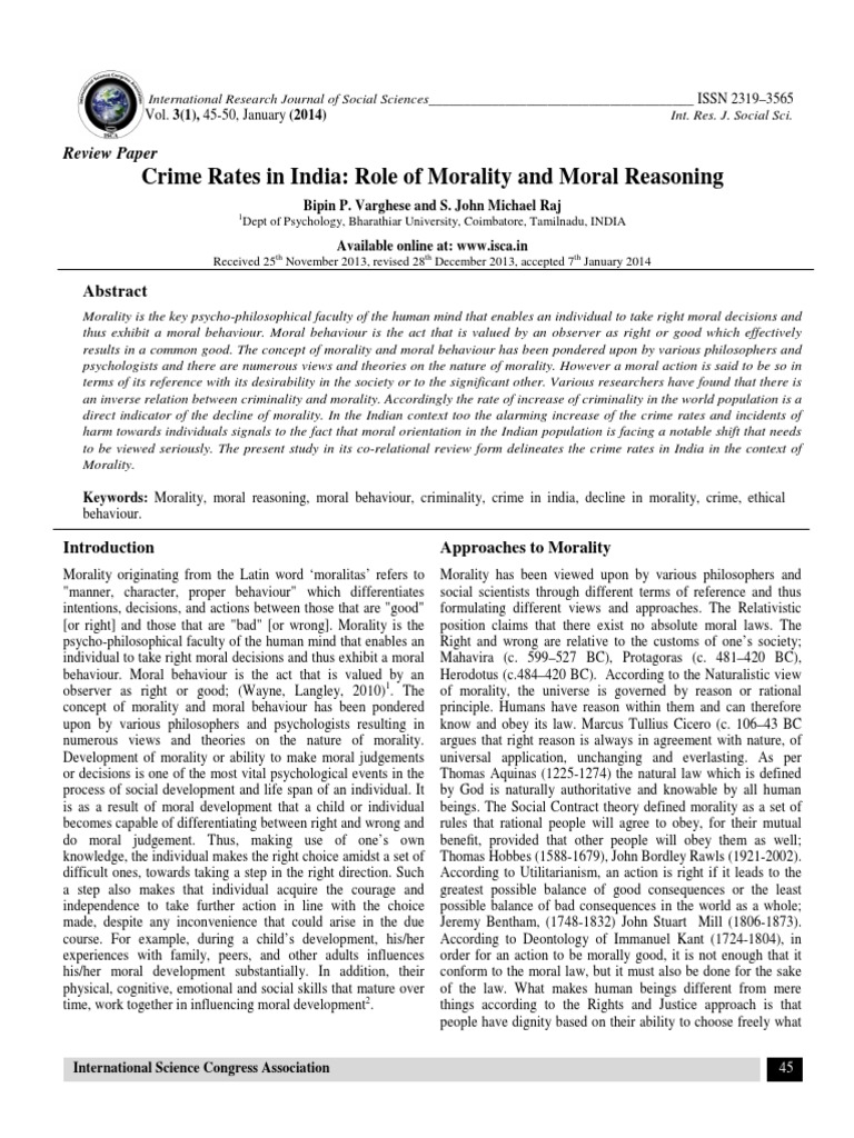 Crime Rates in India: Role of Morality and Moral Reasoning: Review ...