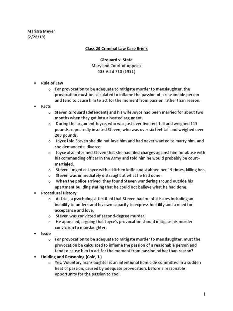 Class 20 Criminal Law Case Briefs | PDF | Manslaughter | Murder
