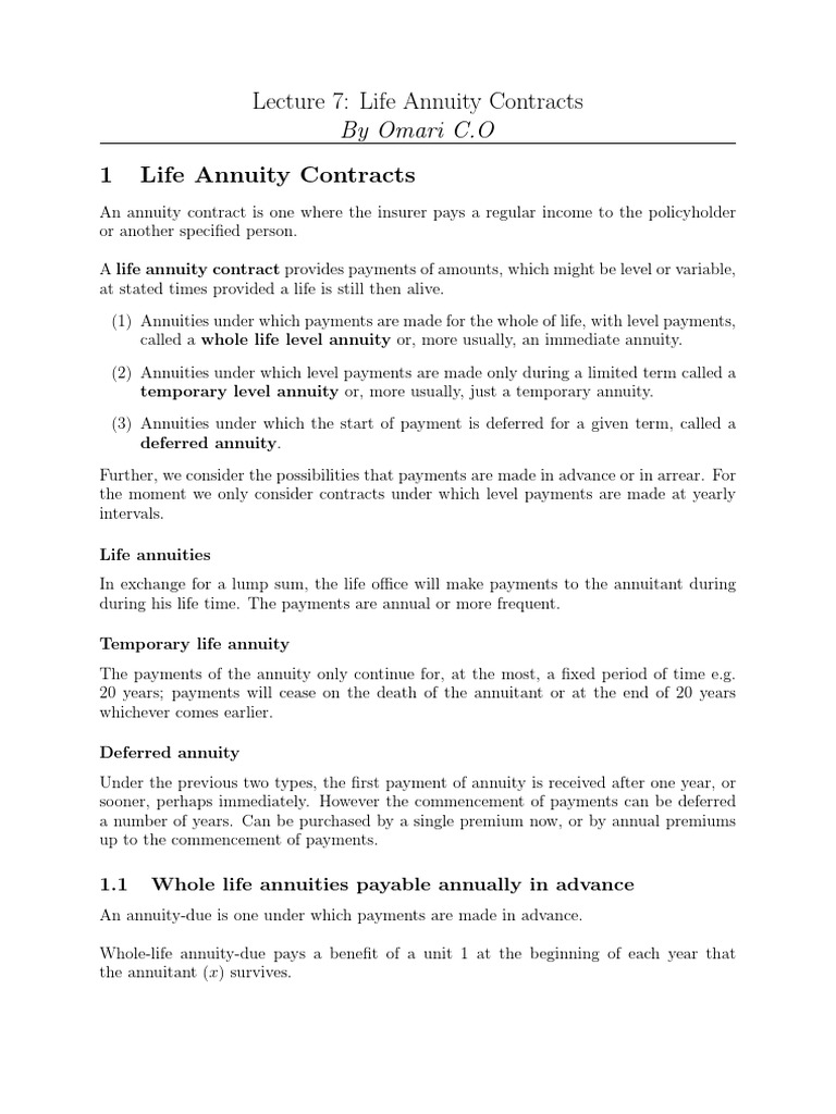 STA 2191_AM I_Lecture 7_Life Annuity Contracts | Annuity (European ...