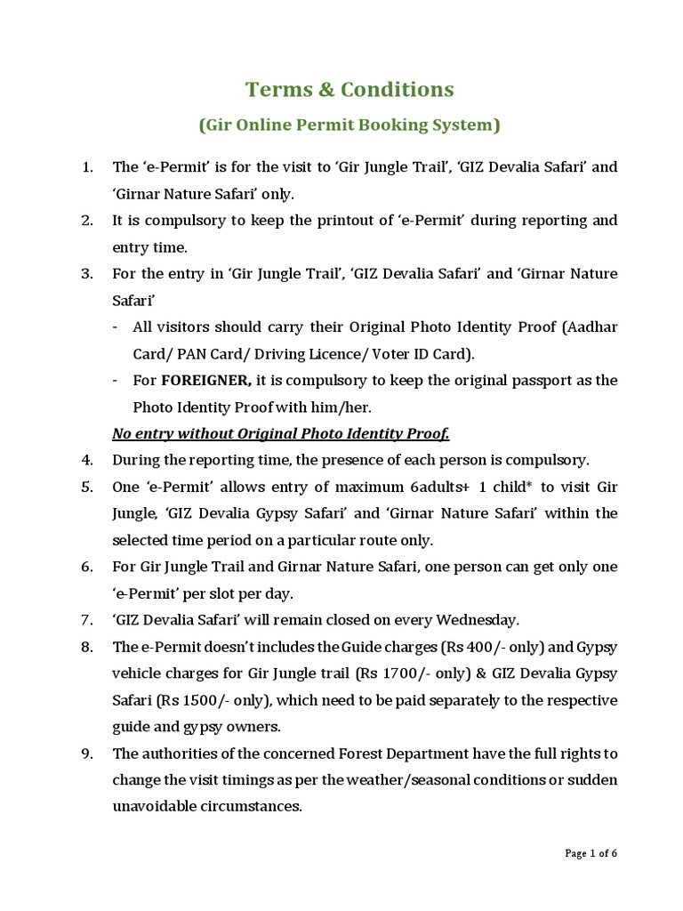 Terms & Conditions: (Gir Online Permit Booking System) | PDF | Identity Document | Government ...