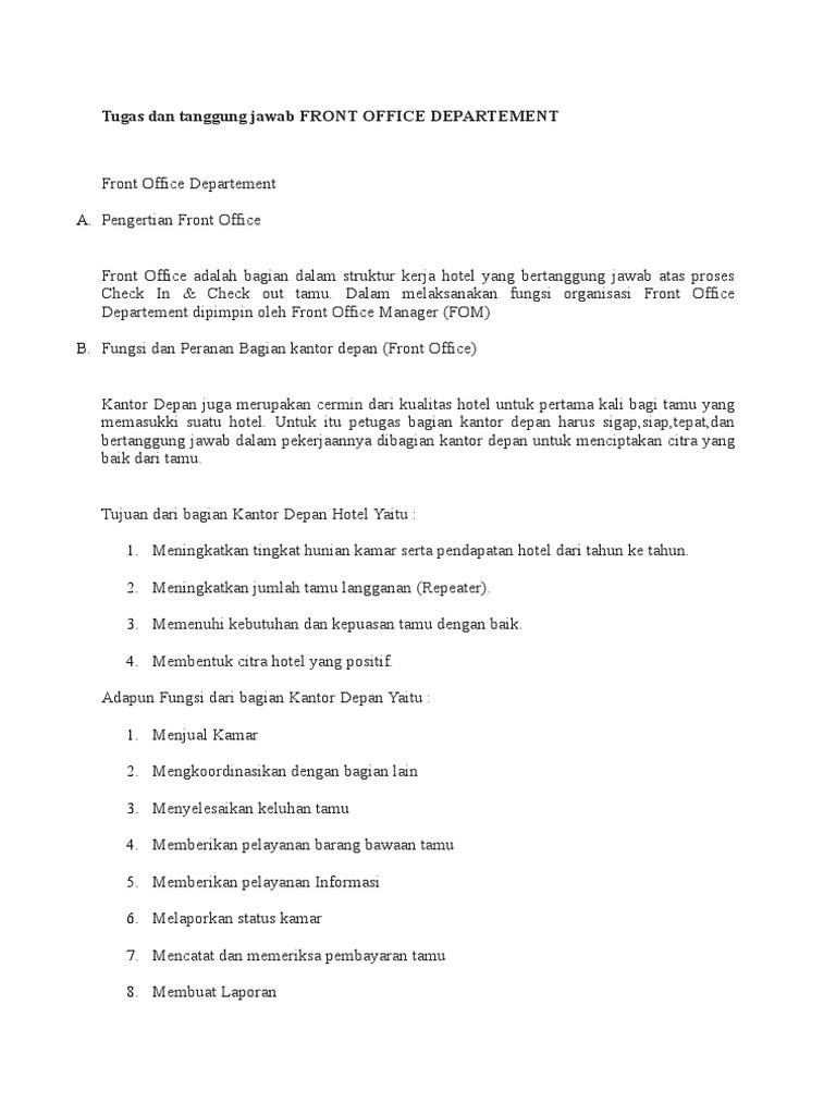 Tugas Dan Tanggung Jawab Front Office Departement | PDF
