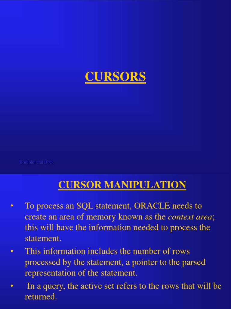 Cursors: Bordoloi and Bock | PDF | Pl/Sql | Sql