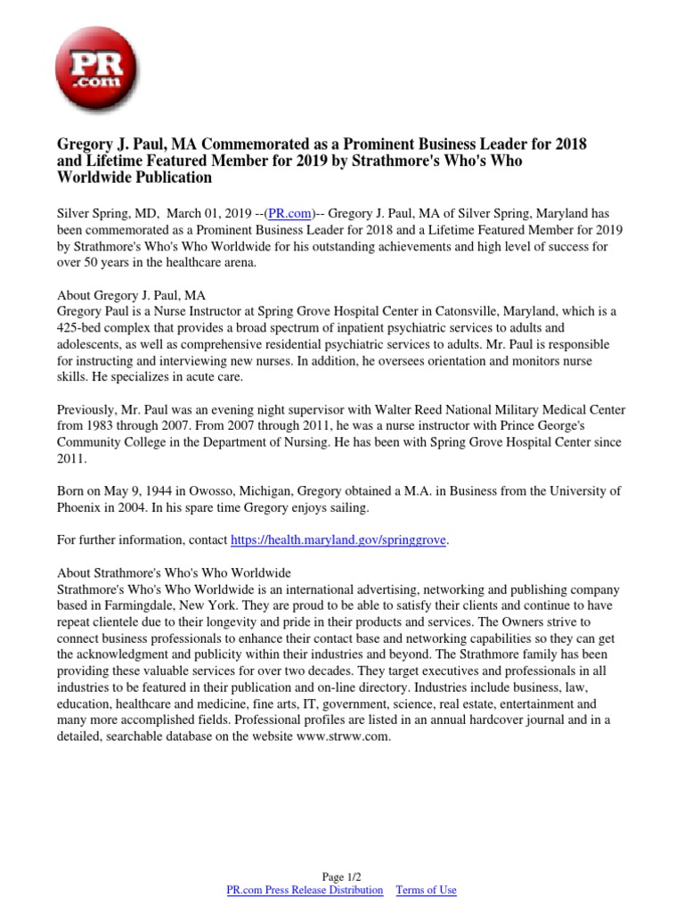 Gregory J. Paul, MA Commemorated As A Prominent Business Leader For ...