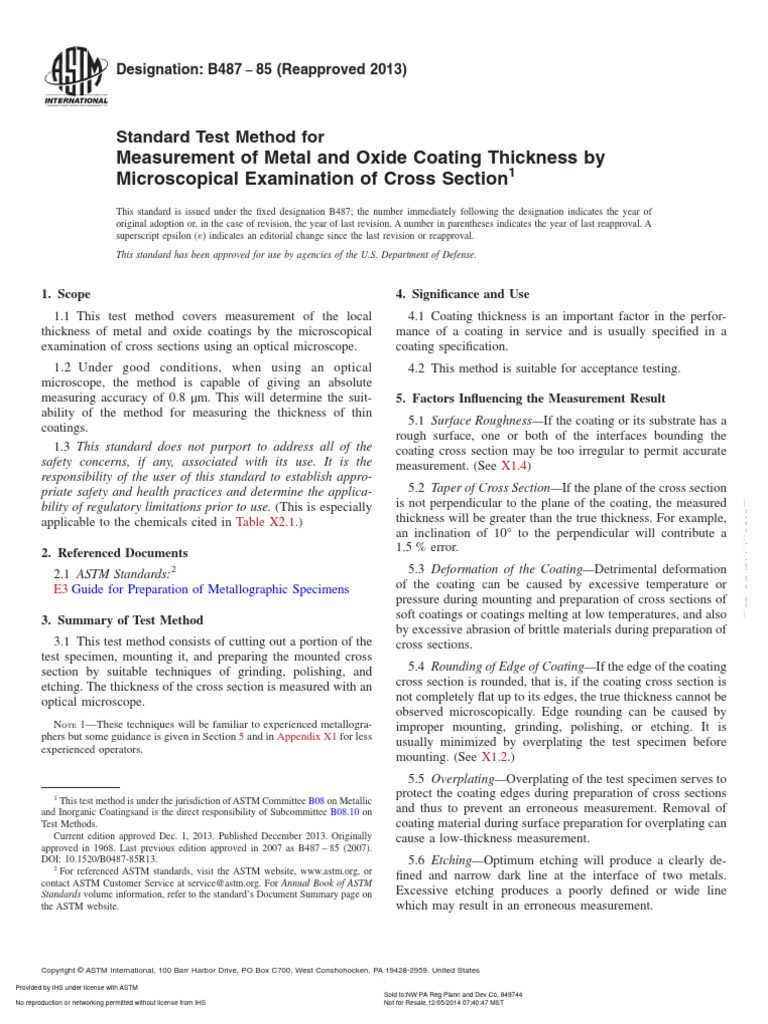 ASTM B 487 Yr 87 R 13 PDF | PDF | Chemical Substances | Chemistry