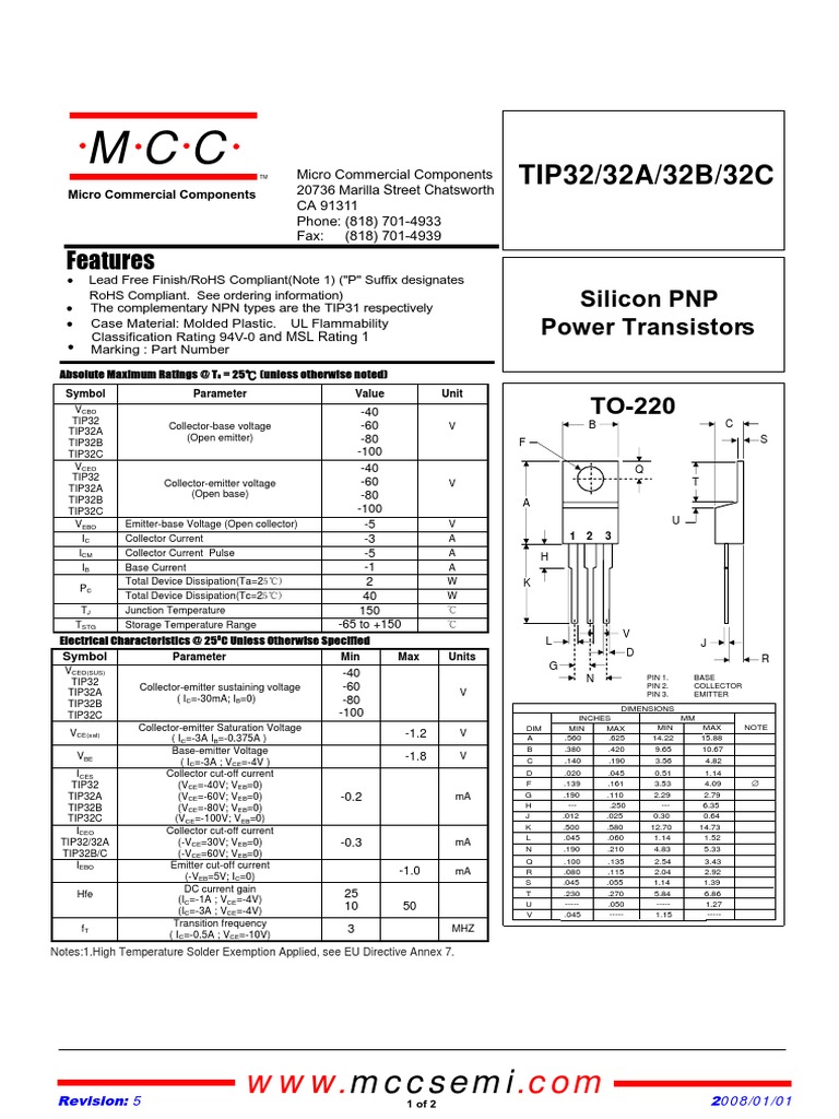 Tip32c PNP PDF | PDF | Bipolar Junction Transistor | Semiconductor Devices