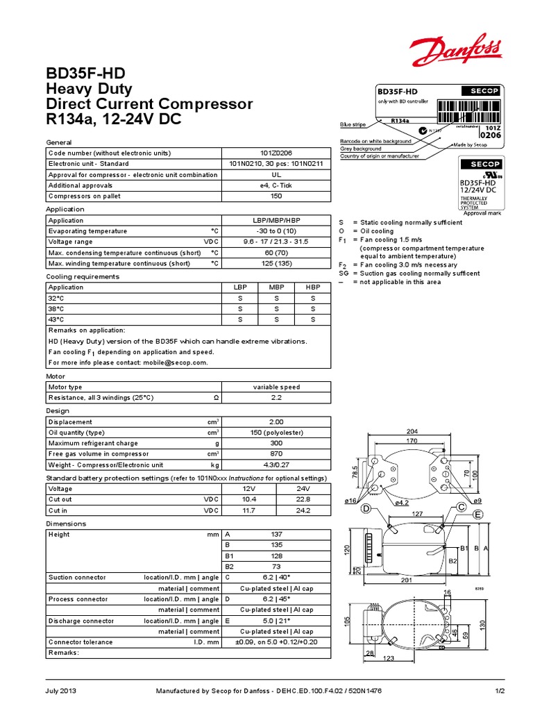 BD35F-HD Heavy Duty Direct Current Compressor R134a, 12-24V DC | PDF ...
