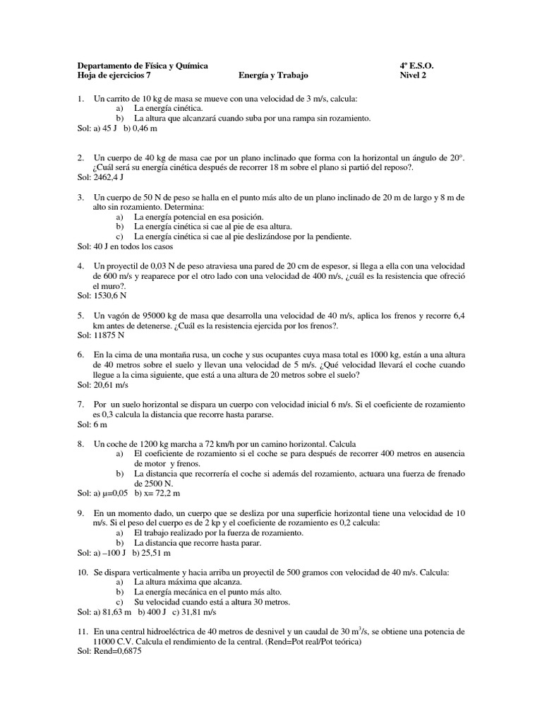 Hoja de ejercicios sobre energía cinética, potencial y trabajo con ...