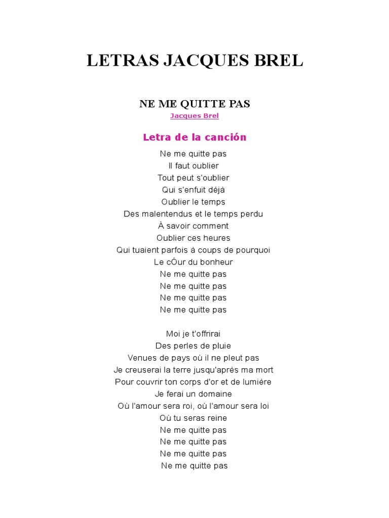 Paroles de Jacques Brel : Ne me quitte pas | PDF | La nature ...
