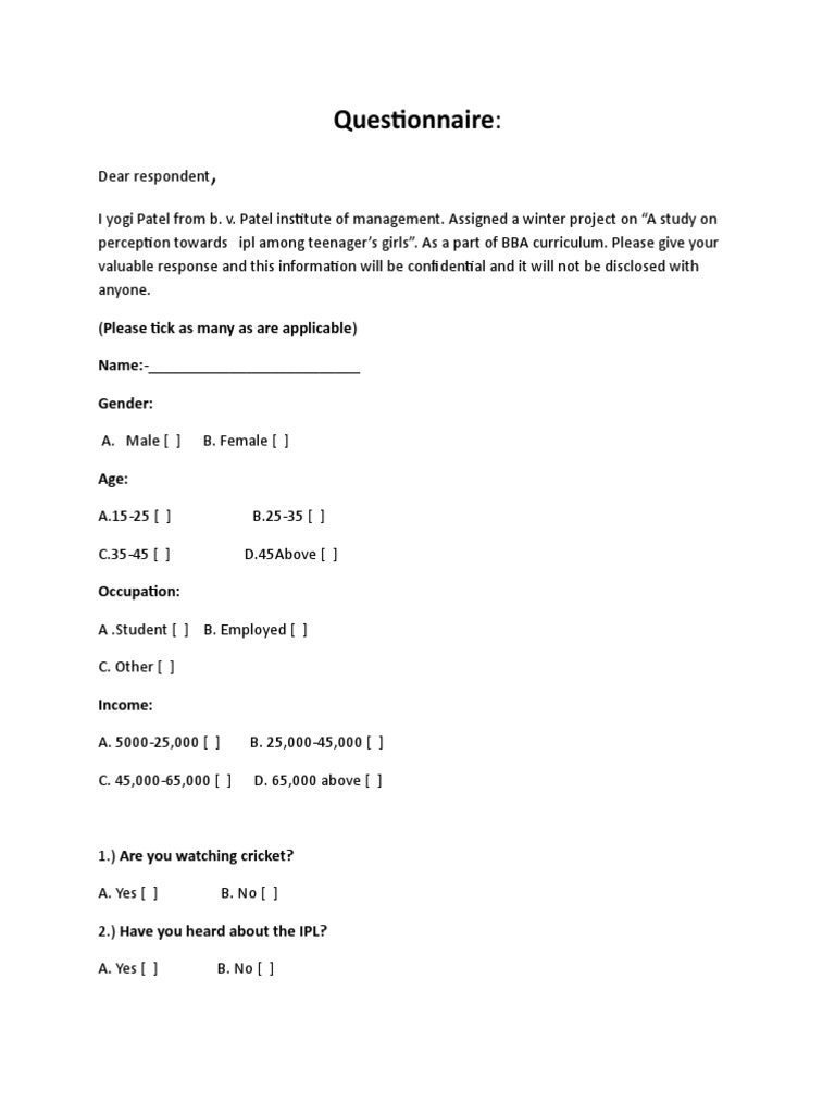 Questionnaire:: Name: - Gender | PDF