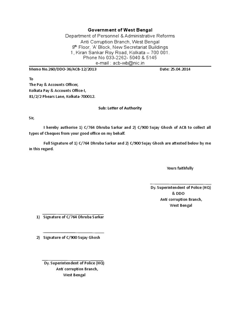 Government of West Bengal: Sub: Letter of Authority | PDF