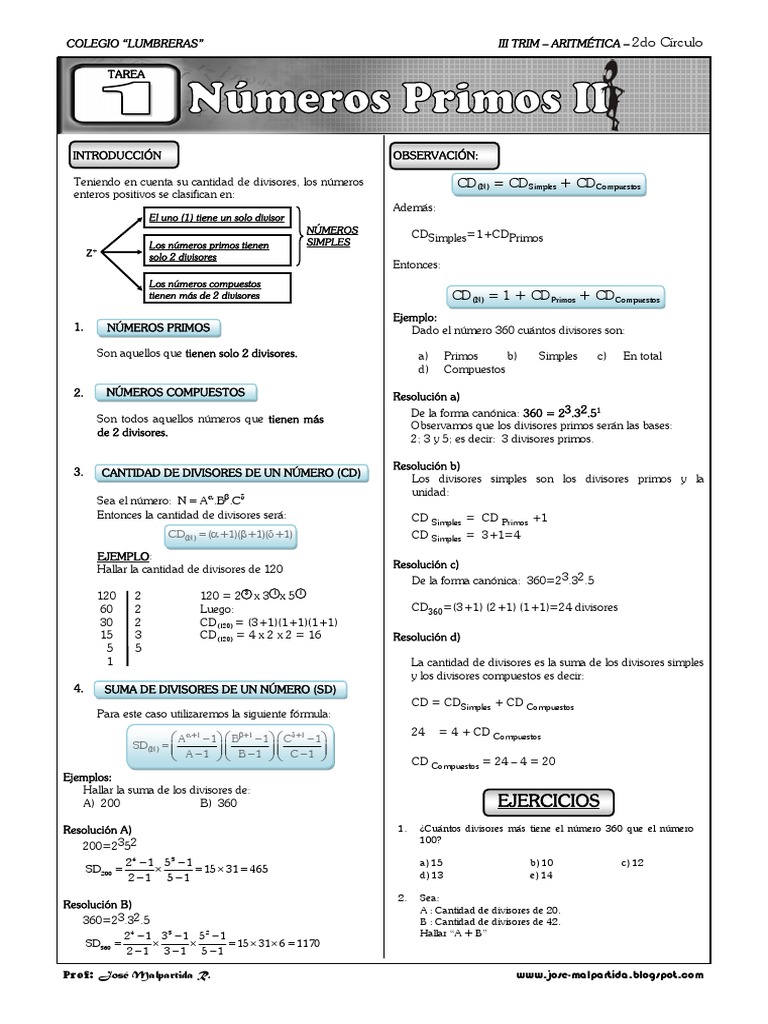 Patty Problemas de Aritmetica Problemas de Numeros Primos Cantidad de Divisores PDF | PDF ...