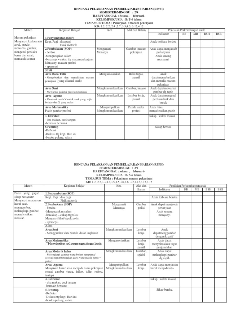 Rencana Pelaksanaan Pembelajaran Harian Paud Tema Pekerjaan | PDF