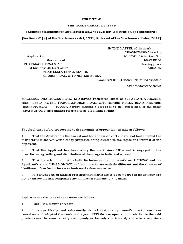 Counter Statement Macledos Pharmaceuticals LTD | PDF | Trademark ...