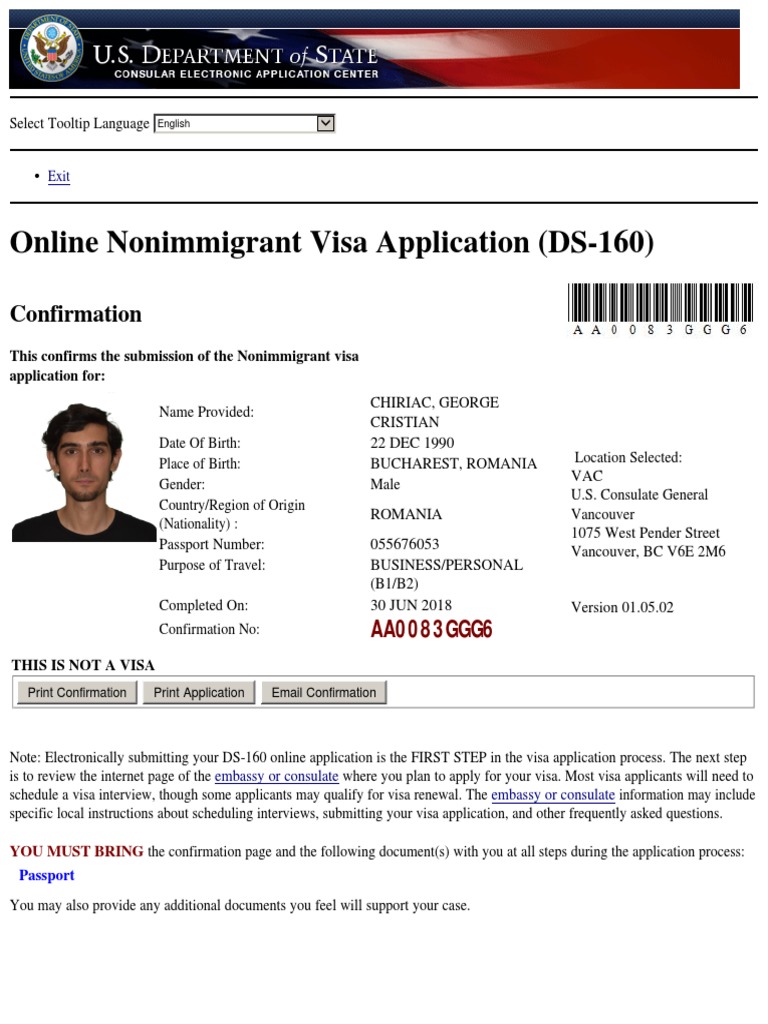 Online Nonimmigrant Visa Application (DS-160) : Confirmation | PDF ...