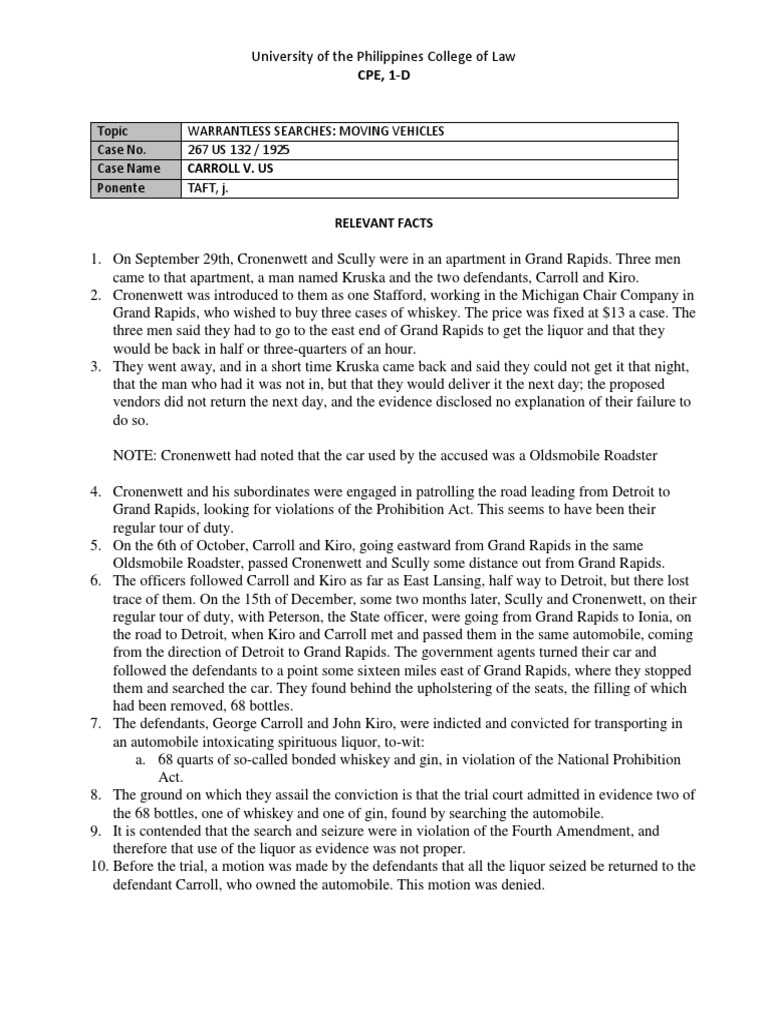 Topic Warrantless Searches: Moving Vehicles Case No. 267 US 132 / 1925 ...