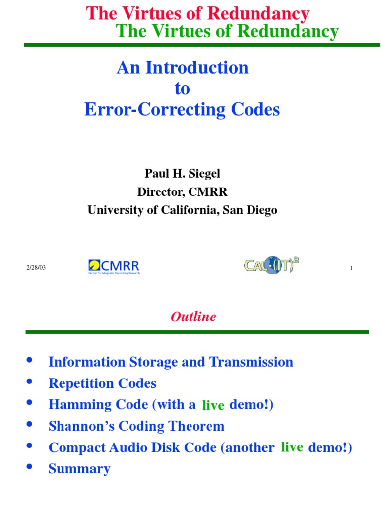 An Introduction To Error-Correcting Codes: The Virtues of Redundancy | PDF | Error Detection And ...