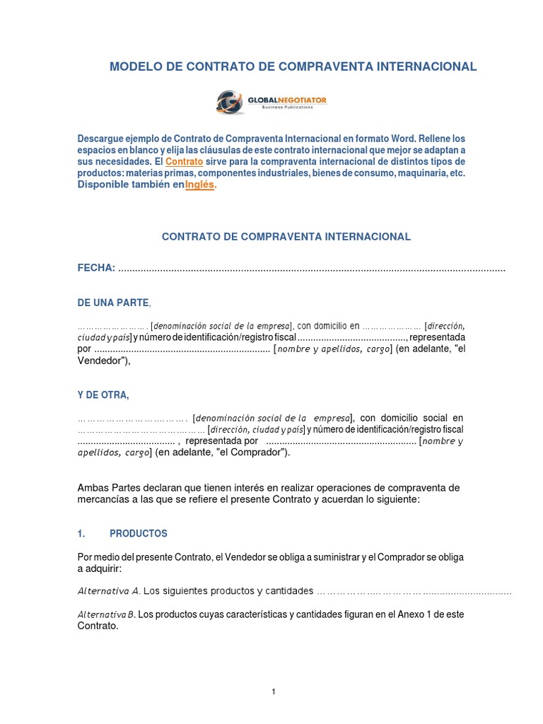 Modelo De Contrato De Compraventa Internacional Pdf Precios Business