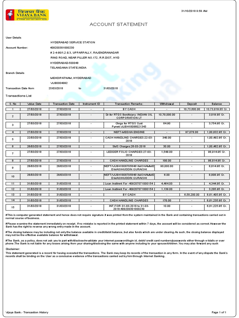 Vijaya Bank Account Statement Sample | PDF | Financial Transaction | Banks