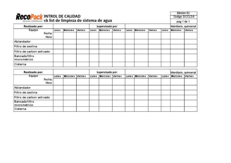Checklist para el mantenimiento y limpieza del sistema de agua | PDF