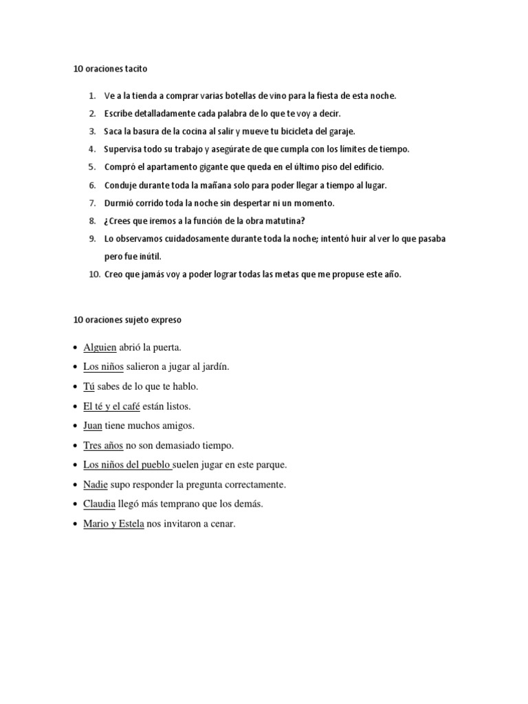 10 Ejemplos de Oraciones con Sujeto Tácito | PDF