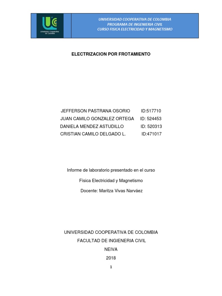 Lab1 Electrizacion Por Frotamiento | PDF | Carga eléctrica | Electrostática
