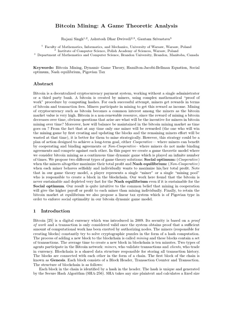 Bitcoin Mining A Game Theoretic Analysis | PDF | Game Theory | Bitcoin