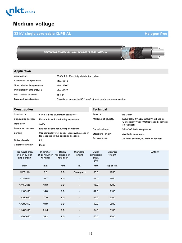 XLPE-AL 33 KV Single Core Cable - Hoja de Datos - NKT Cables | PDF ...