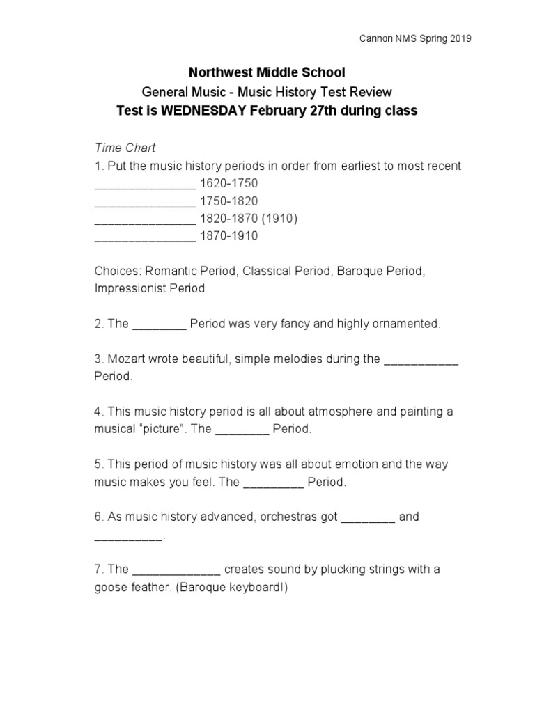 Middle School General Music Test Classical Music History Review Sheet ...