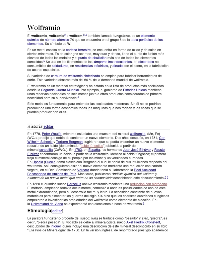 Wolframio: Historia | PDF | Tungsteno | Elementos químicos