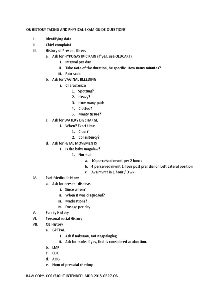 Ob History Taking and Physical Exam Guide Questions | PDF | Sexual ...