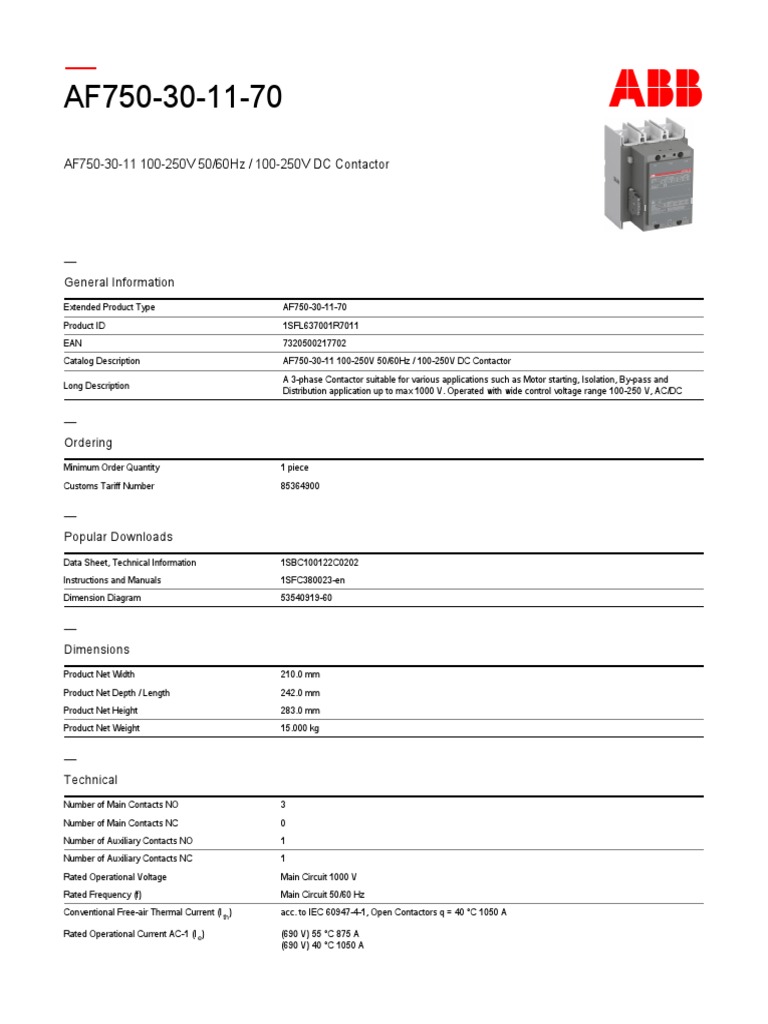 AF750-30-11 100-250V 50/60Hz / 100-250V DC Contactor: General ...