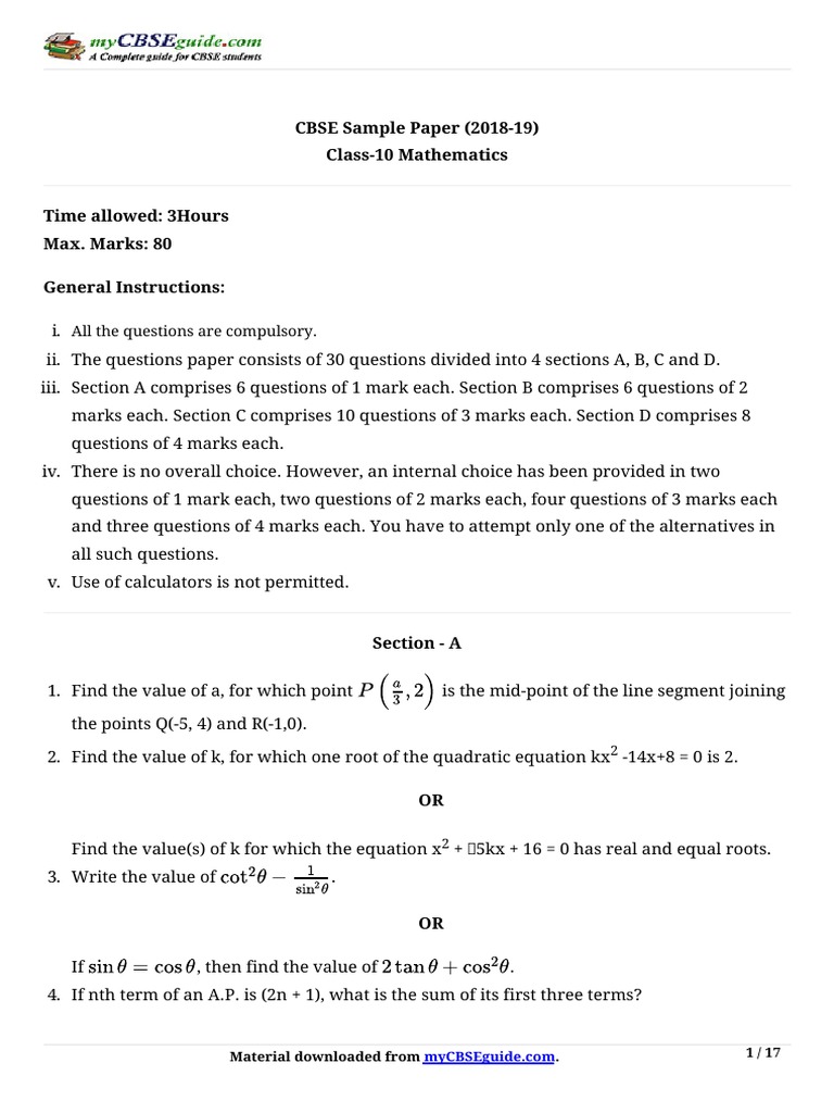 CBSE Sample Paper (2018-19) Class-10 Mathematics: All The Questions Are ...